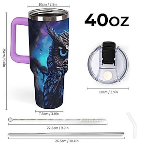 LLUTSNTH 40 Oz Vacuum Tumbler with Violet Handle Leakproof Insulated Tumbler Blue Owl Stainless Steel Travel Mug with Lid And Straw Coffee Cup Cute Water Bottles Cup Holder Friendly