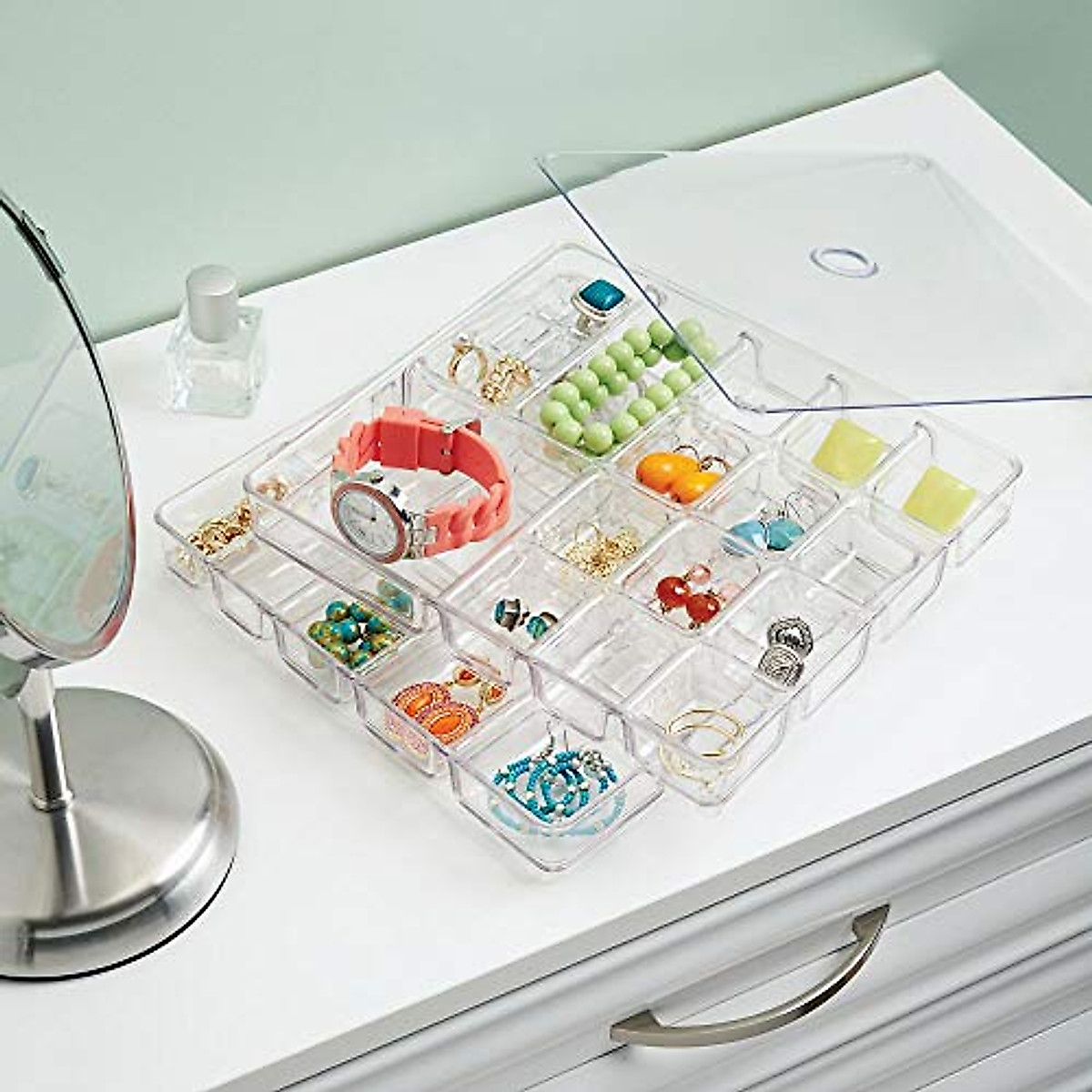 mDesign Stackable Plastic Storage Jewelry Box - 2 Organizer Trays with Lid for Drawer, Dresser, Vanity - Holds Necklaces, Bracelets, Bangles, Rings, Earrings - 3 Pieces - Clear