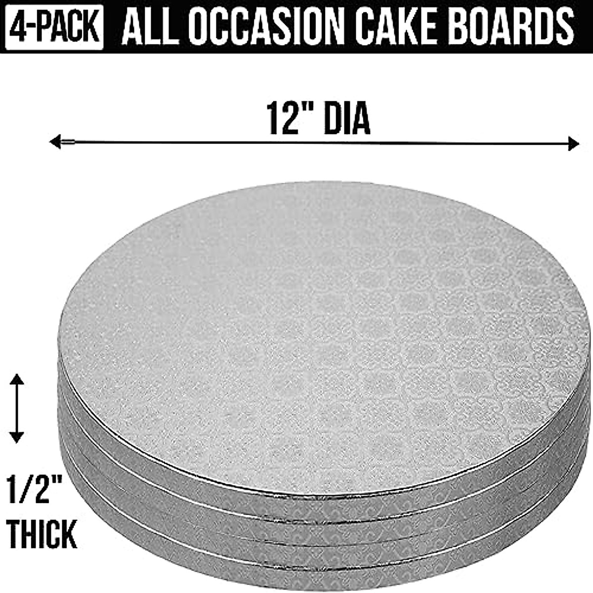 Cake Boards (4 Pack, 12 inch, Silver), Reusable Round Cake Drums for Showstopping Desserts, Heavy-Duty Disposable Cardboard Cake Bases W/Elegant Patterns, Cake Decorating Supplies by PixiPy