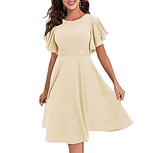 Gardenwed Beige Women's Cocktail Dress Ruffle Short Sleeve A Line Swing Flared Midi Party Homecoming Dresses Champagne 2XL
