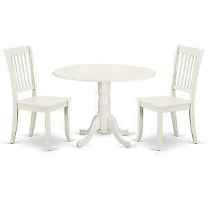 East West Furniture DLDA3-LWH-W 3 Piece Kitchen Table & Chairs Set Contains a Round Dining Room Table with Dropleaf and 2 Solid Wood Seat Chairs, 42x42 Inch, Linen White