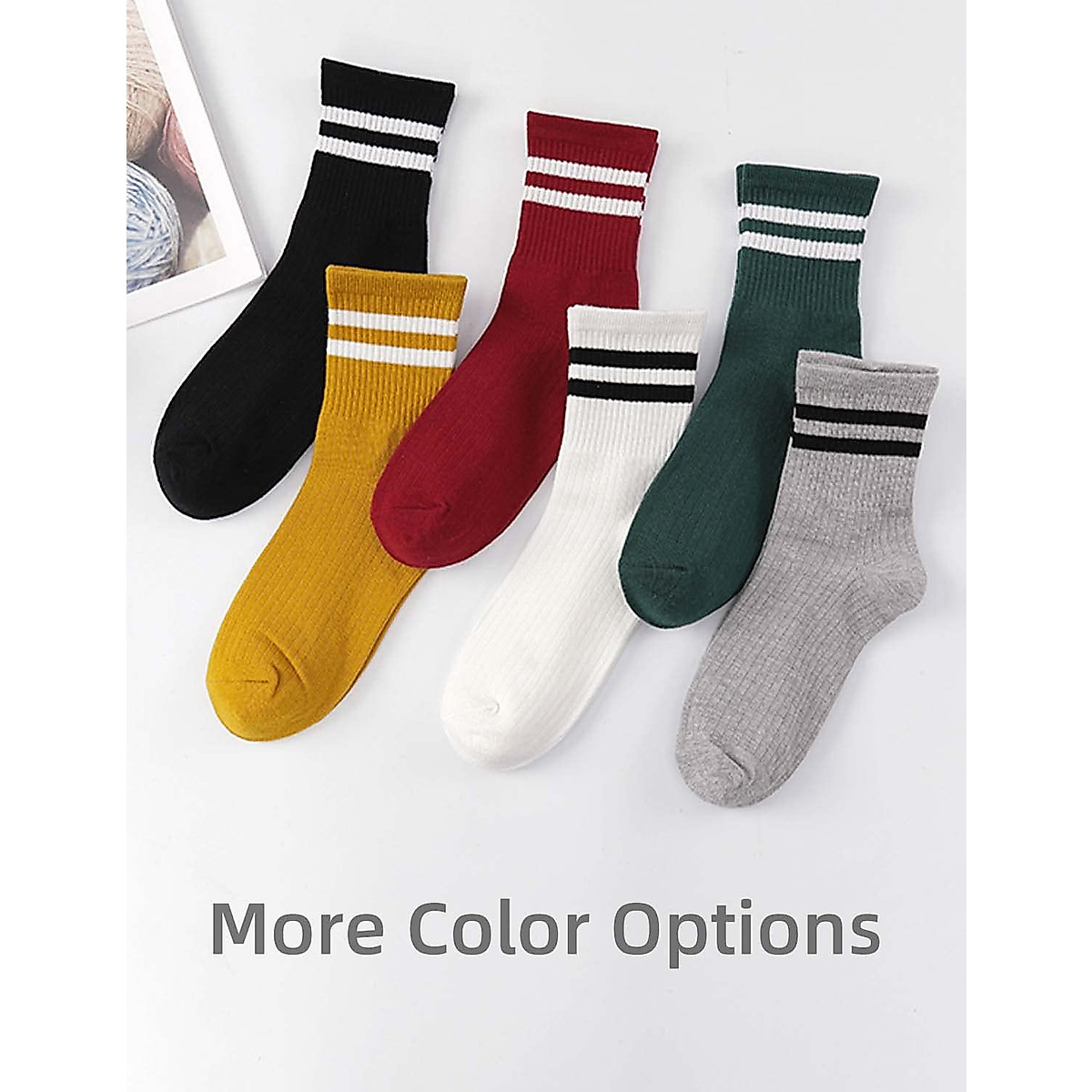 WAIKAS 【5-Pack】 Mid Calf Socks for Women, Common Size Adult Socks, Black/White/Yellow/Rose Red/Green each color 1 Pair
