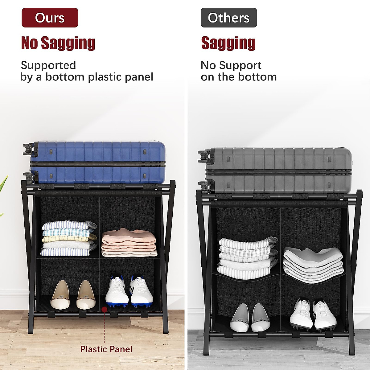 aboxoo Luggage Rack with storage, Guest Room Folding Suitcase Stands, Holds up to 120 lb, Space Saving Suitcase Holders for guest room, Bedroom Hotel, Black