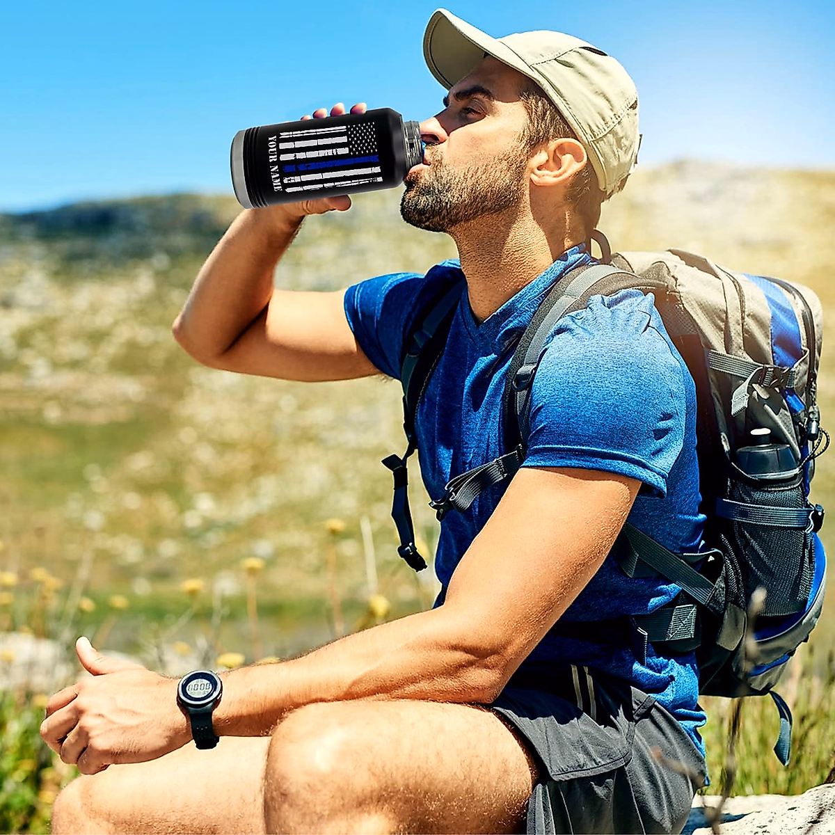Cuptify Personalized Distressed Blue Line Police Flag on Black Sports Bottle with Straw 20 oz Stainless Steel Vacuum Insulated Bottle Gift for Police, Academy, Graduation