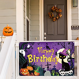 WovWeave Halloween Birthday Party Decorations 5.9 x 3.6 ft Happy Birthday Backdrop Banner Black Cat Evil Pumpkin Ghost Skull Banner for Halloween Birthday Photo Booth Background Indoor Outdoor Decor
