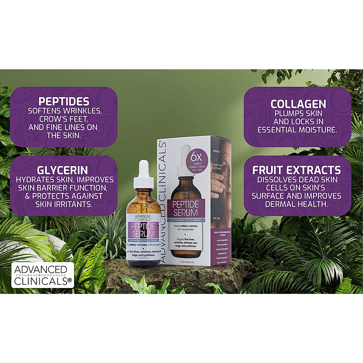 Advanced Clinicals 6X Concentrate Peptides Serum For Face | Hydrating + Firming Anti Wrinkle Collagen Peptide Moisturizer Face Oil W/Vitamin E For Wrinkles, Puffiness, & Uneven Skin Tone, 1.75 Fl Oz