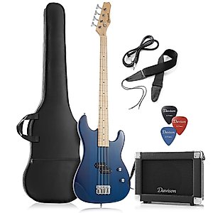 Davison Guitars Full Size Electric Bass Guitar with 15-Watt Amp, Blue - 4 String Right Handed Beginner Kit with Gig Bag and Accessories