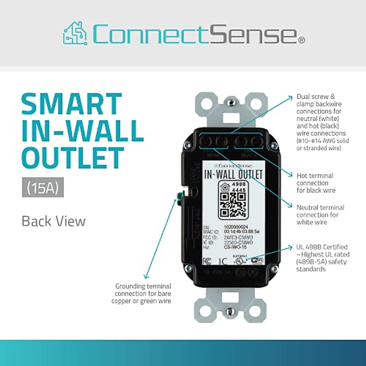 ConnectSense Smart In-Wall Outlet, WiFi Connected Electrical Smart Wall Socket That's Compatible With Amazon Alexa, Apple HomeKit Siri and Google Assistant (15A)