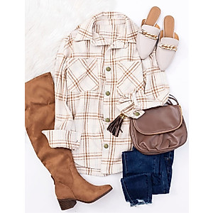 PRETTYGARDEN Women's Fall Clothes Plaid Shacket Jacket Trendy Casual Long Sleeve Button Down Flannel Shirts Fashion Blouse(Plaid Khaki,Medium)