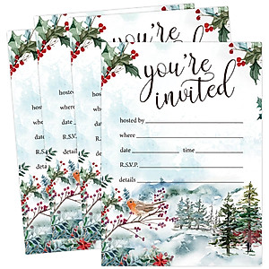 Whaline 25 Pack Christmas Party Invitation Cards Winter Woodland Robin Invitation Paper Cards with Dark Red Envelopes Xmas Holiday Watercolor Animals Party Invites