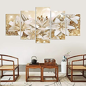 5 Panel Wall Art Canvas Painting, Golden L𝚒ly Plant B𝚘tany Picture Flower Artwork Oil Painting on Canvas Stretched, Home Decoration Living Room Bedroom Wall Art Hanging