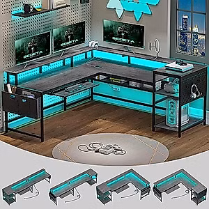 SEDETA L Shaped Gaming Desk, Home Office Desk or Corner Desk, L Shaped Desk with Power Outlets & LED Strip, Monitor Stand, Keyboard Tray, Pegboard and Storage Shelves, Grey