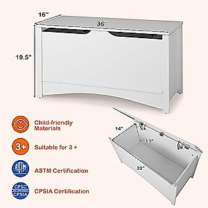 Costzon Wooden Toy Box, 36” Kids Large Storage Trunk Bench Organizer with Safety Hinges, Children's Home Playroom Bedroom Furniture, Easy Assembly, Toy Chest for Girls, Boys (White)