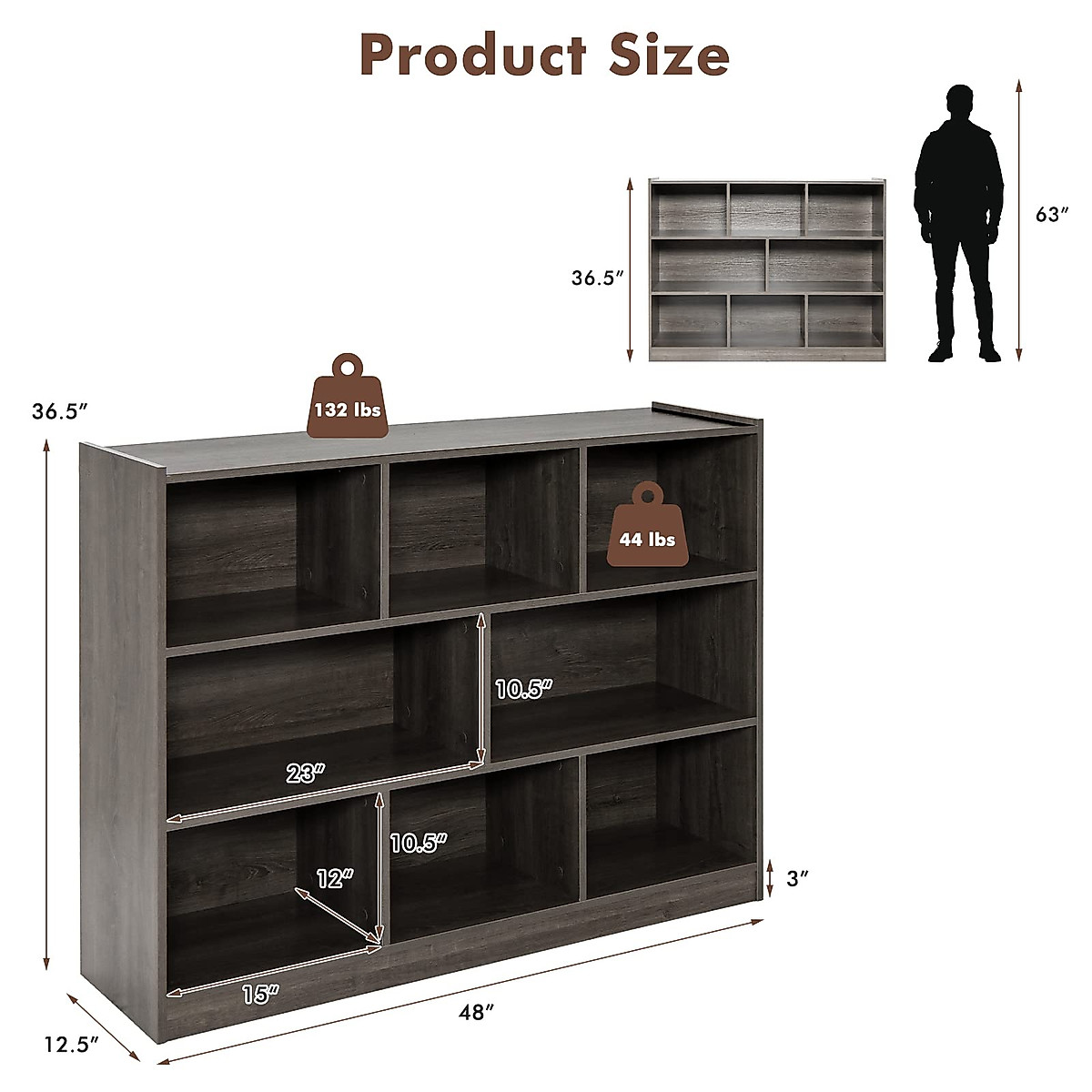SILKYDRY 8 Cubes Organizer Bookcase, 3-Tier Open Bookshelf, Horizontal Storage Cabinet with Anti-Tilt Device, Floor Standing Wooden Book Display Shelves for Bedroom, Classroom, Office (Grey)