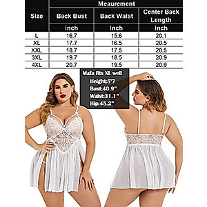 Avidlove Sexy Plus Size Lingerie for Women Lace Babydoll Chemise V Neck Sleepwear Mesh Nightwear Side Slit Nightie White