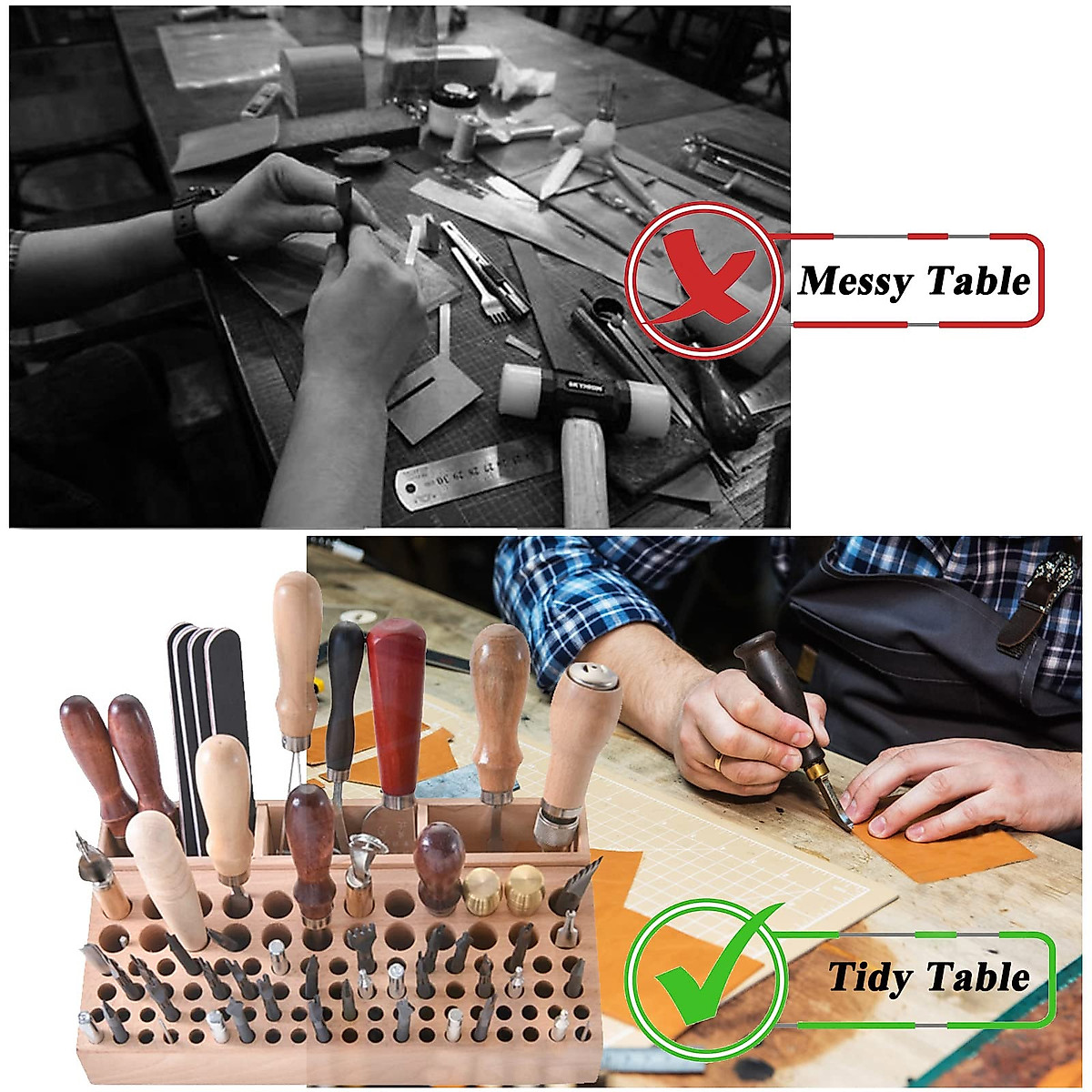 Professional Leather Craft Tool Holder, 98 Holes Wooden Leathercraft Tool Stand Organizer with 3 Slots, Large Tool Rack Storage