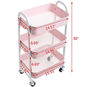 AGTEK Makeup Cart, Movable Rolling Organizer Cart, 3 Tier Metal Utility Cart, White - Pink