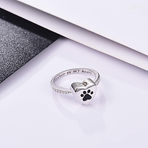 925 Sterling Silver Love Heart Urn Ring for pet Dog Cat's Ashes Keepsake Memorial Tiny Jewelry Forever in My Heart Paw Print Cremation Finger Rings(black 8)