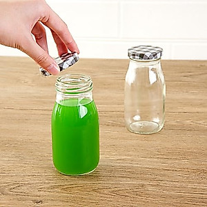 French Countryside 6 Ounce Glass Bottles, 10 Durable Juice Bottles - With Black Plaid Lid, Dishwashable, Clear Glass Countryside Bottles, For Hot And Cold Beverages - Restaurantware