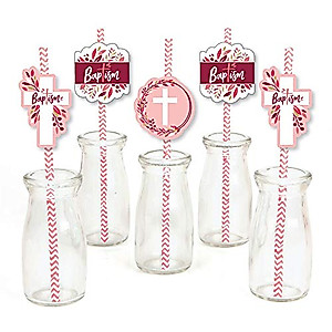 Baptism Pink Elegant Cross - Paper Straw Decor - Girl Religious Party Striped Decorative Straws - Set of 24