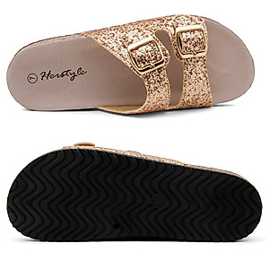 Herstyle Softey Women’s Flat Sandals Cork Footbed Slides Open Toe Slip-On Slippers with 2 Adjustable Straps Comfort Slides for Summer Vacation and Daily Wear, 1836RosegoldGlitterr, Size 9.0
