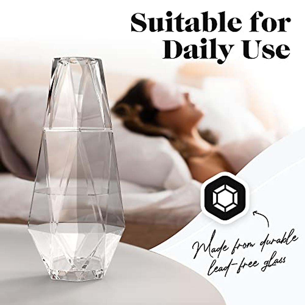 Fifth Avenue Crystal Modern Geometric Bedside Water Carafe with Tumbler- Elegant Pitcher and Matching Drinking Glass Doubles As Lid for Guest Room, Office (Clear)