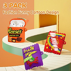 3 Pack AIBEAMER Funny Case for AirPods 2nd 1st Generation Protective Covers, New Takis Kawaii Food Fun Skin Soft Silicone Design for AirPods 2&1 Women Girl Kids with 3 Keychain Rainbow Candy Chocolate