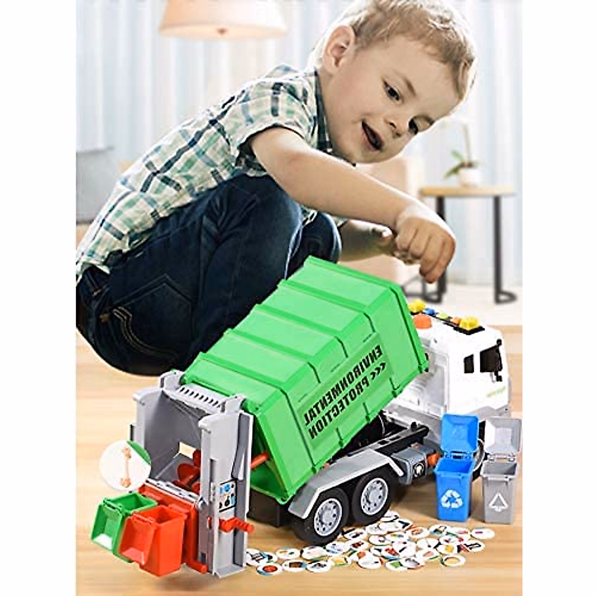 Garbage Truck Toys for Boys & Girls - Trash Truck Toys with Lights & Sounds Includes 4 Toy Garbage Cans, 40 Garbage Recycling Sorting Cards. Educational Toys for Toddlers & Kids Ages 3 4 5 6+