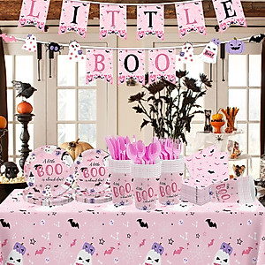 MEHOFOND Pink Halloween Baby Shower Decorations for Girl, Little Boo Disposable Dinnerware with Banner, Ghost Bat Pumpkin Baby Shower Plates and Napkins Set, Paper Plates Cups Party Supplies, Serve 24