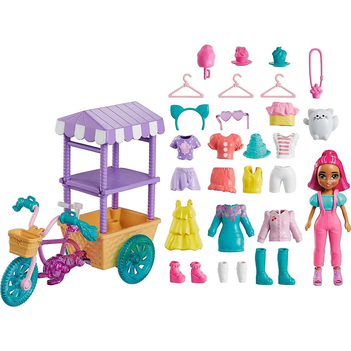 Polly Pocket Playset with 3-inch Doll, 25+ Food and Clothing Accessories, Treats & Trends Bicycle Cart Fashion Pack
