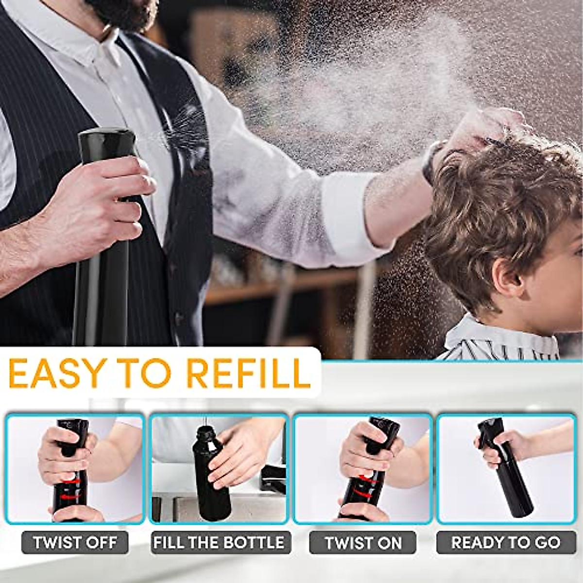 Hula Home Continuous Spray Bottle (10.1oz/300ml) Empty Ultra Fine Plastic Water Mist Sprayer – For Hairstyling, Cleaning, Salons, Plants, Essential Oil Scents & More - Black