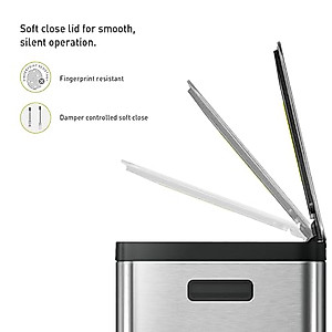 EKO EcoCasa II 36L+24L Dual Trash Can with Recycle Bin, Stainless Steel Garbage Can with Lid, Deodorizer Compartment, Odor-Proof and Fingerprint Resistant