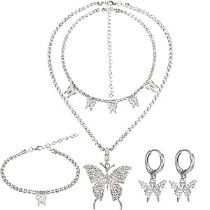 Hicarer Big Butterfly Pendant Necklace Rhinestone Chain Shiny Crystal Choker Pendant Collar Necklace and Butterfly Bracelet Butterfly Earrings Jewelry for Women