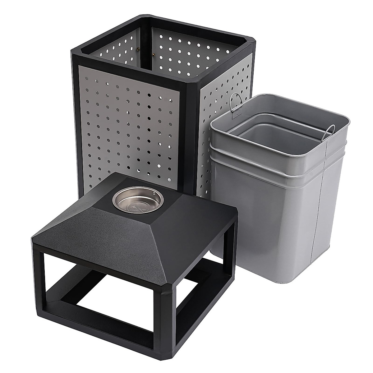 Oiveinya Industrial Waste Container,Stainless Steel Galvanized Heavy Duty Trash Can with Lid and Ashtray,Large Square Trash Can for Industrial Mall Kitchen Restaurants Indoor Outdoor (15 Gallons)