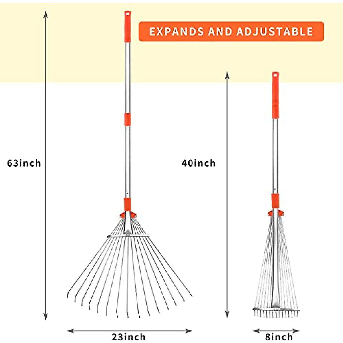 Karveden Adjustable Leaf Rake Garden- Expandable Metal Rakes for Lawns Yard Roof , Outdoor Portable Gardening Tools 8 to 63 Inch Telescopic Rake Easy to Clean Weed, Flowers,Leaves (Orange)