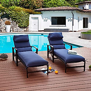 LOKATSE HOME 2 Piece Patio Chaise Lounge Chair Outdoor Furniture Set All Weather Metal Adjustable Backrest and Armchair with Removable Comfy Cushions, Blue