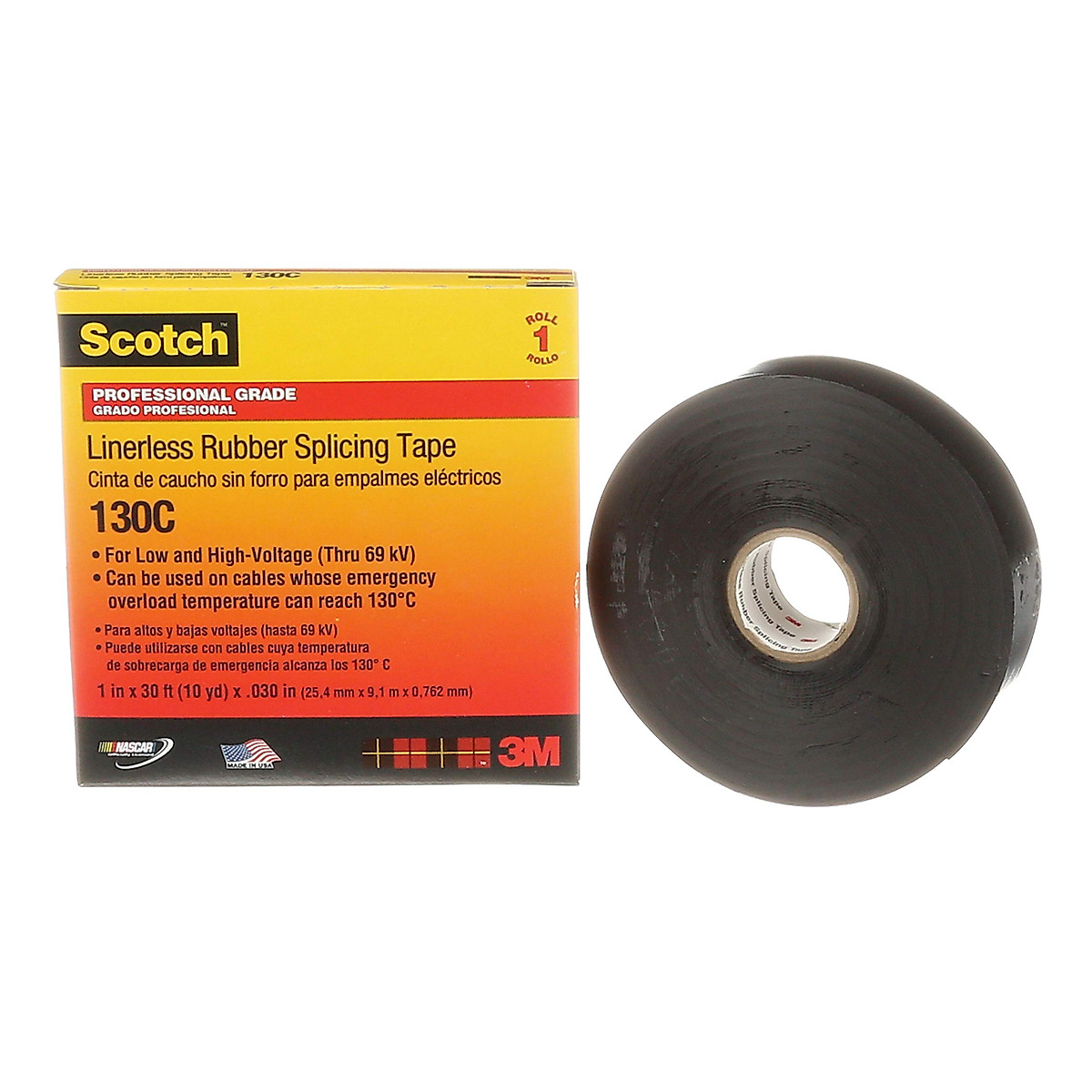 3M Scotch Linerless Electrical Splicing Tape 130C for Wires and Cables, 1 in x 30 ft, Rubber Backing, Self Fusing, UV Resistance, Highly Conformable, Moisture Seal, Black, 1 Roll