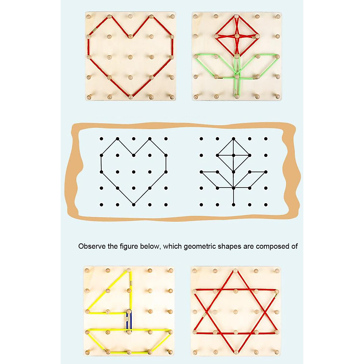 YHZAN Wooden Geoboard Graphing Peg Board Montessori Toddler Sensory Toy Colorful Rubber Bands Pattern Cards Preschool Learning Game