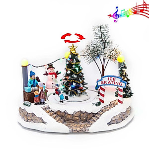 innodept12 Winter LED-Lighted Christmas Village Scene, Illuminated & Animated Lighted Musical Christmas Village with Center Tree and Moving Ice Skating Rink Decoration, Battery Operated
