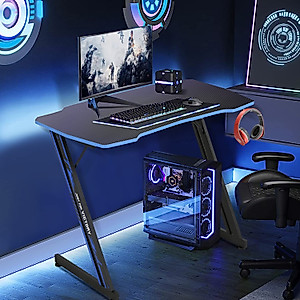 Gaming Desk 39.4 inch Z-Shaped Computer Desk PC Computer Table Home Office Desk Ergonomic Gamer Workstation with Headphone Hook, Blue