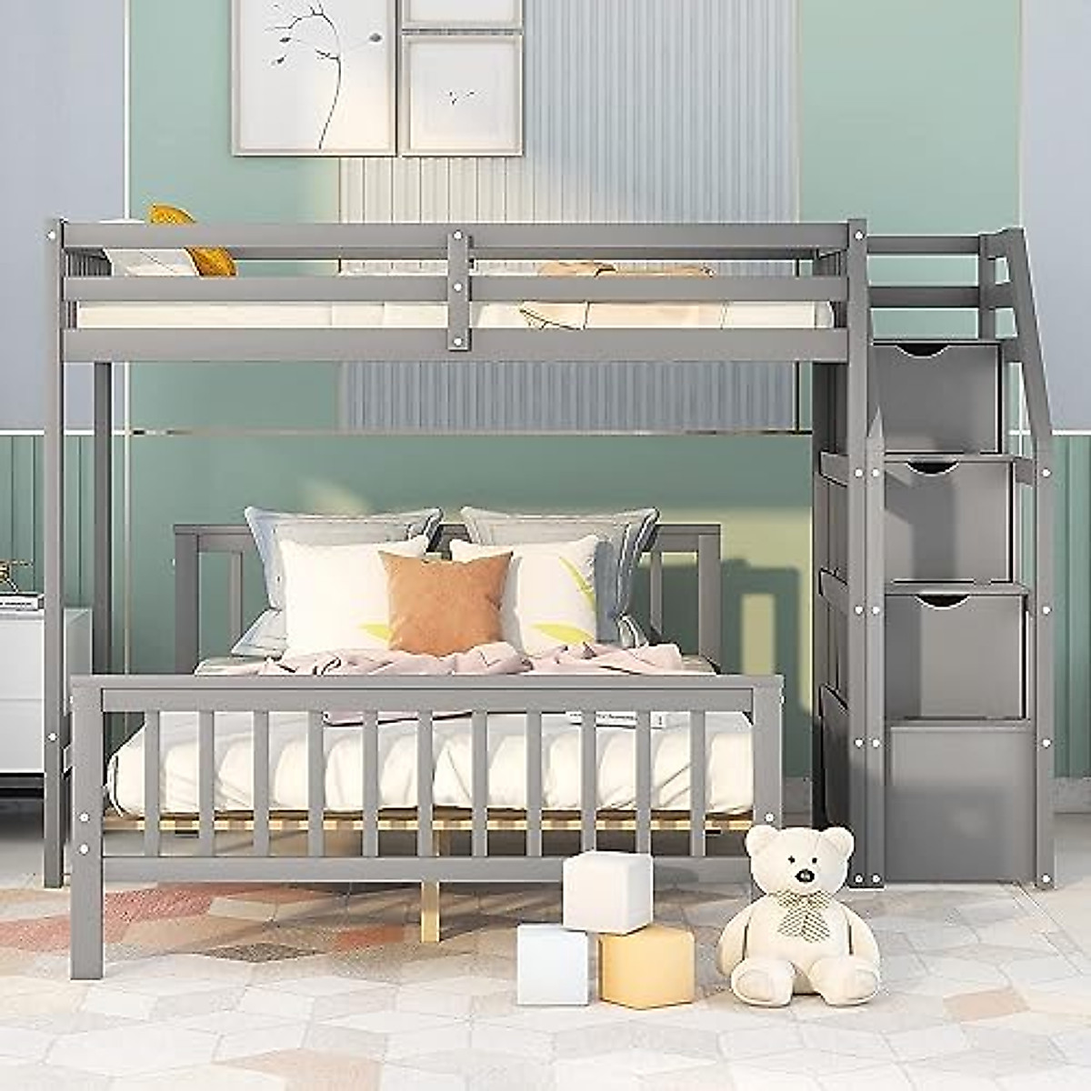 Harper & Bright Designs Twin Over Full Bunk Beds with Storage Stairs, Wooden Stairway Bunk Beds with Removable Bottom Bed and Guardrails for Kids Girls Boys,No Box Spring Needed (Grey)