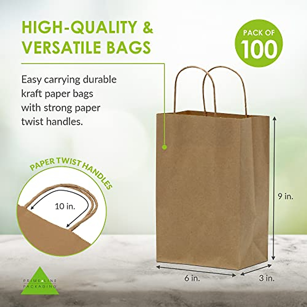 Prime Line Packaging Mini Brown Gift Bags with Handles, Kraft Paper for Small Business, Boutique, Retail, Thank you, Party, Take Out - 6x3x9, 100 Pack