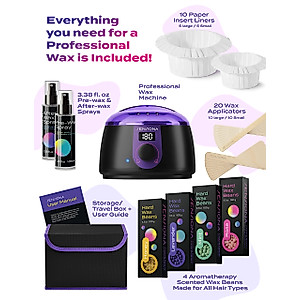 Sensiona Hot Wax Kit, Unisex Hot Wax Hair Removal. Complete Home Waxing Kit for Hair Removal, Brazilian Bikini Wax, Underarms, Legs and Face Hair. Includes No Mess Wax Liners and Gentle Skin Spray.