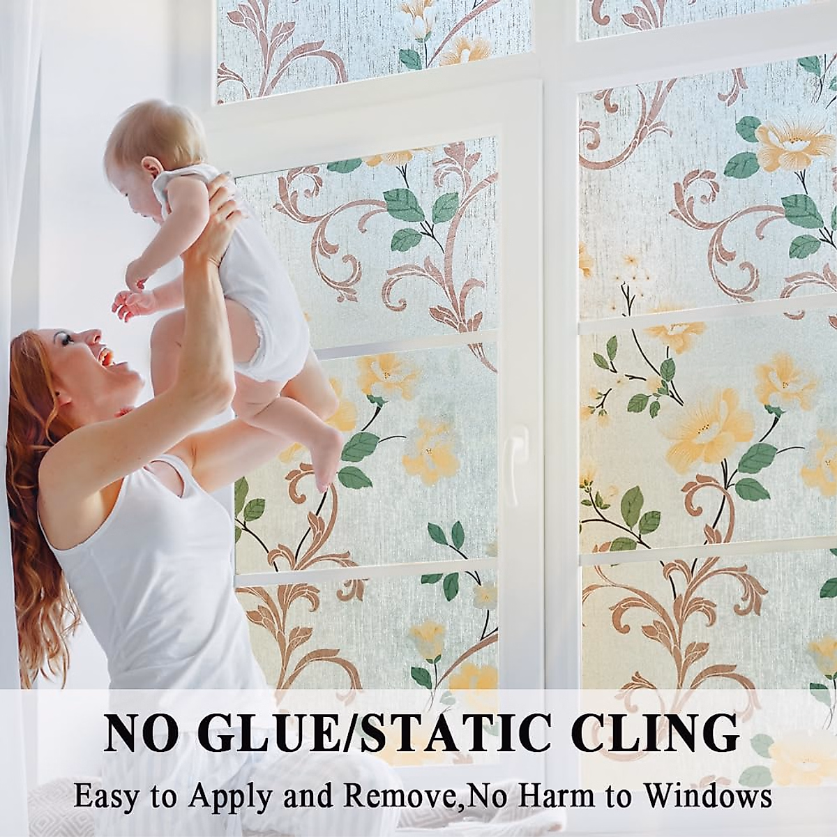 No Glue Window Films Elegant Flower,Static Cling Glass Door Film,Frosted Privacy Glass Clings Etched Glass,Anti-UV,Heat Control for Home and Office Decoration, 17.5In. by 78.7In.