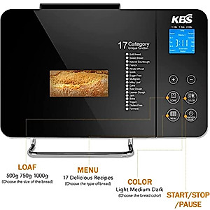 KBS Large 17-in-1 Bread Machine, 2LB All Stainless Steel Bread Maker with Auto Fruit Nut Dispenser, Nonstick Ceramic Pan, Full Touch Panel Tempered Glass, Reserve& Keep Warm Set, Oven Mitt and Recipes