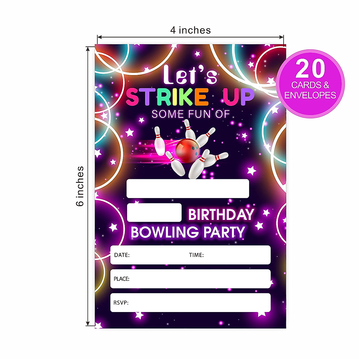 Bowling Birthday Invitations, Let's Strike Up Some Fun Birthday Party Invites Decorations, Kids Adults Birthday Party and Events Supplies, 20 Fill-in Invites Cards with Matching Envelopes（YQK-028）