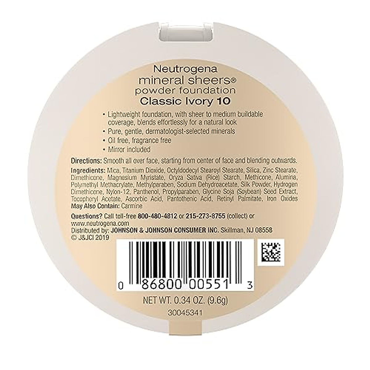 Neutrogena Mineral Sheers Compact Powder Foundation, Lightweight & Oil-Free Mineral Foundation, Fragrance-Free, Classic Ivory 10,.34 oz (Pack of 2)