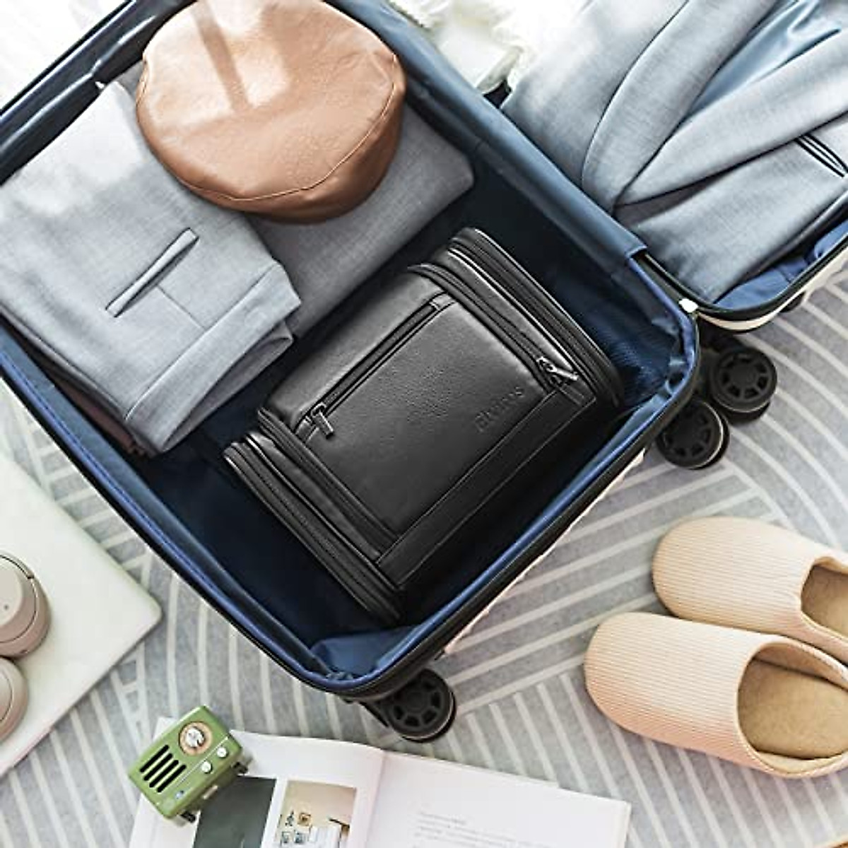 Elviros Travel Hanging Toiletry Bag for Women and Men, Large PU Leather Toiletries Organizer, Water-resistant Bathroom Shaving Kit for Cosmetics, Makeup Case (Extra Large, Black)