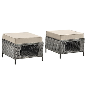 kuurfuurdo 2 Piece Storage Ottomans, Wicker Ottomans Outdoor Furniture for Patio, Backyard, Additional Seating, Footrest, Side Table with Storage, Removable Cushions