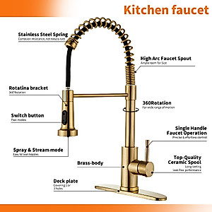 Brushed Gold Kitchen Faucet with Pull Down Sprayer, RV Brass Kitchen Faucet Stainless Steel Single Handle Spring Faucet with Deck Plate for Farmhouse Utility bar Laundry Sinks,Grifos De Cocina